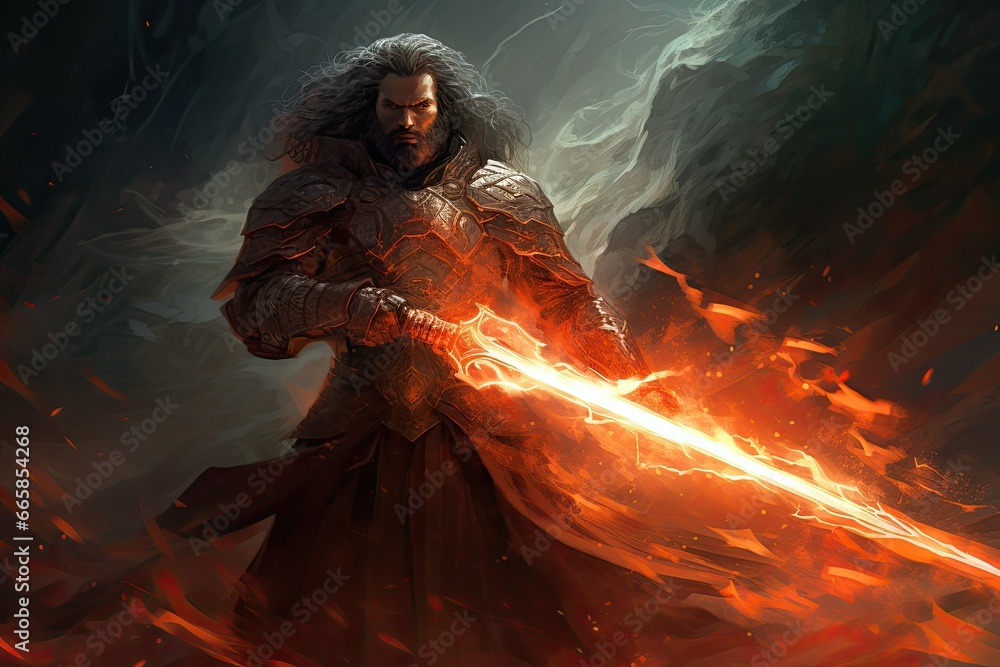 Fantasy illustration of a medieval knight with a sword in fire, warrior ...
