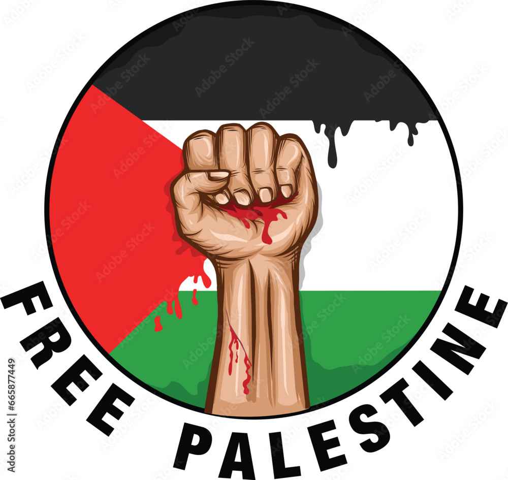 Free Palestine with fist hand, blood and flag vector design. Save ...