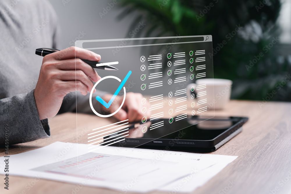 Quality control and document checklist concept, Businesswomen use ...