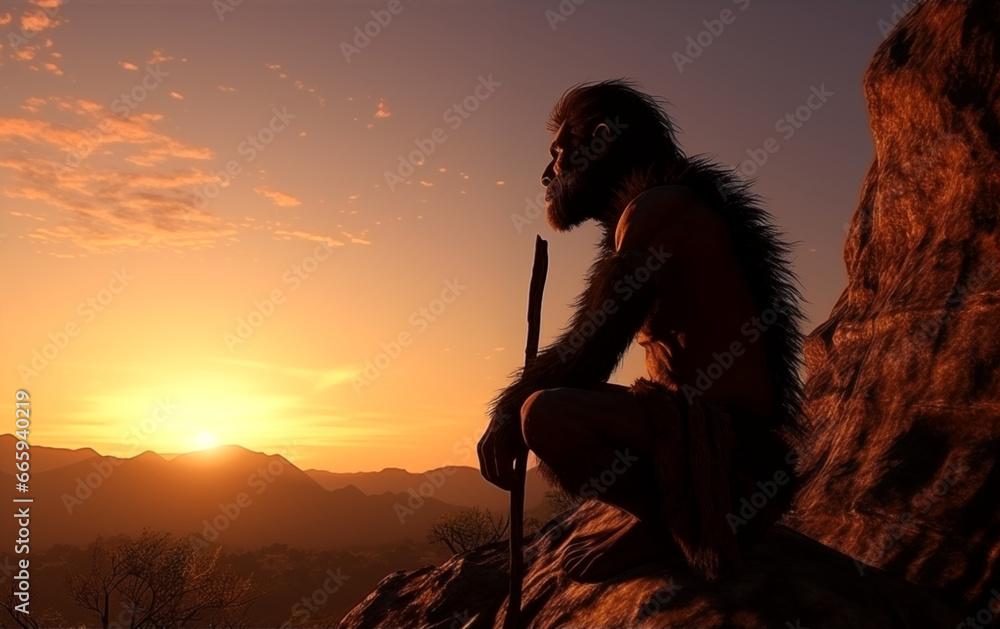 Homo erectus, thinking man on a rock at sunset, extinct human species ...