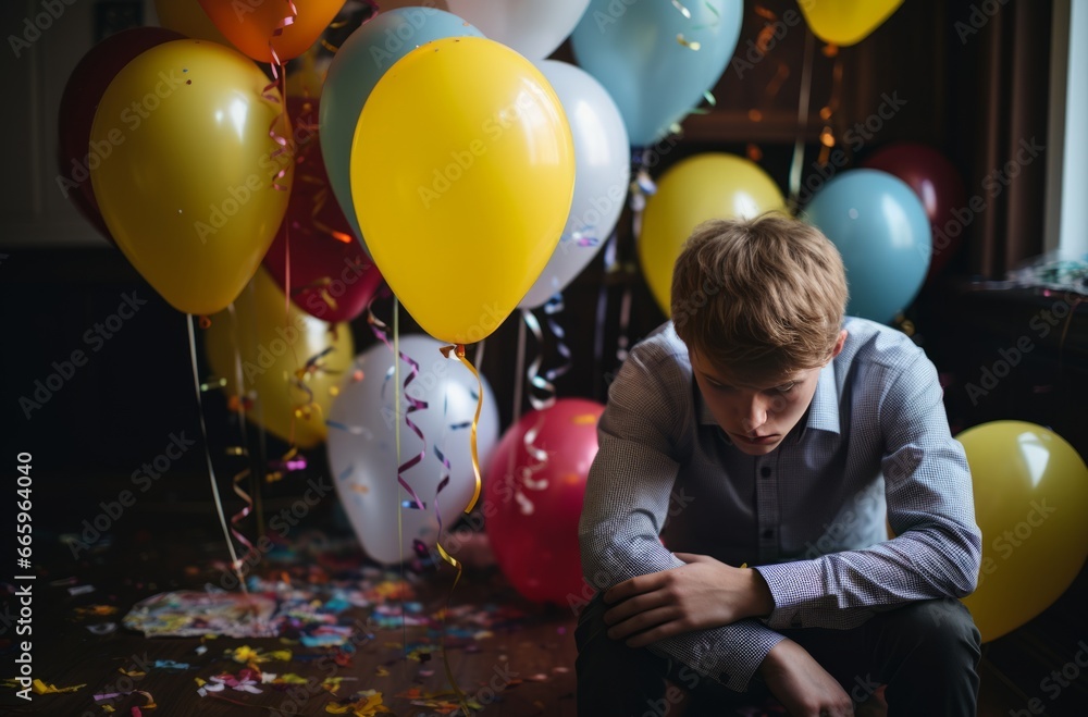 An 17 year old child sits amidst a messy room after their birthday ...