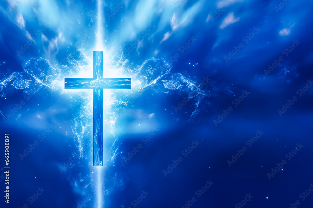 Christian cross appears bright in cloudy sky deep blue background ...