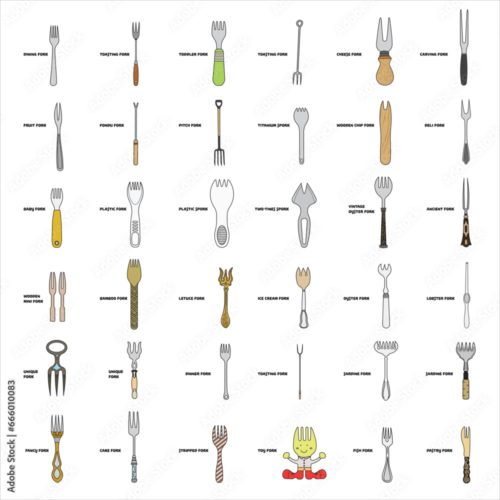 Kids drawing Cartoon Vector illustration Set Different Types Forks ...