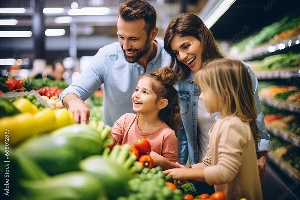A happy family shopping together in the produce section, with children ...