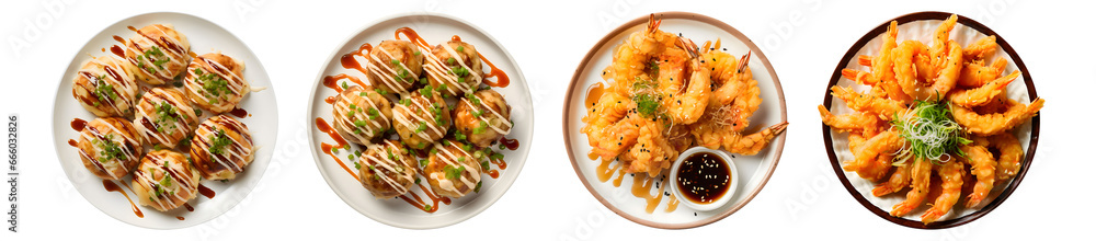 Japanese food Takoyaki and Tempura on plate top view with transparent ...