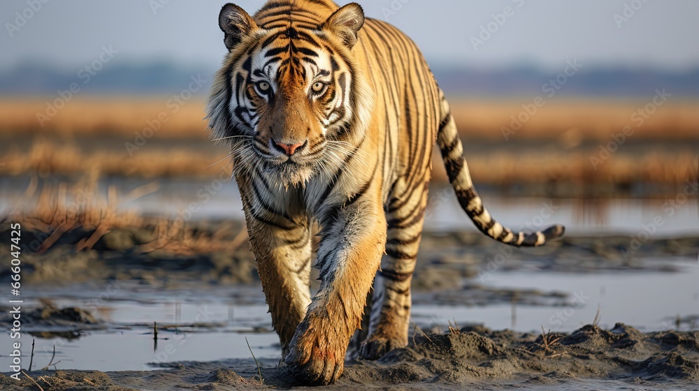 Injured dominant adult male Bengal tiger standing on the mudflat and ...