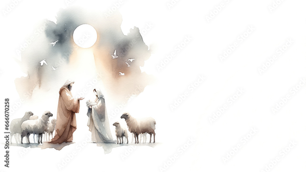 Christmas Nativity Scene. The shepherds visiting Jesus. Watercolor ...