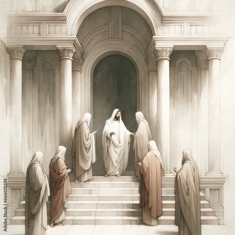 Ministry of Jesus. Jesus preaching standing in front of the synagogue ...