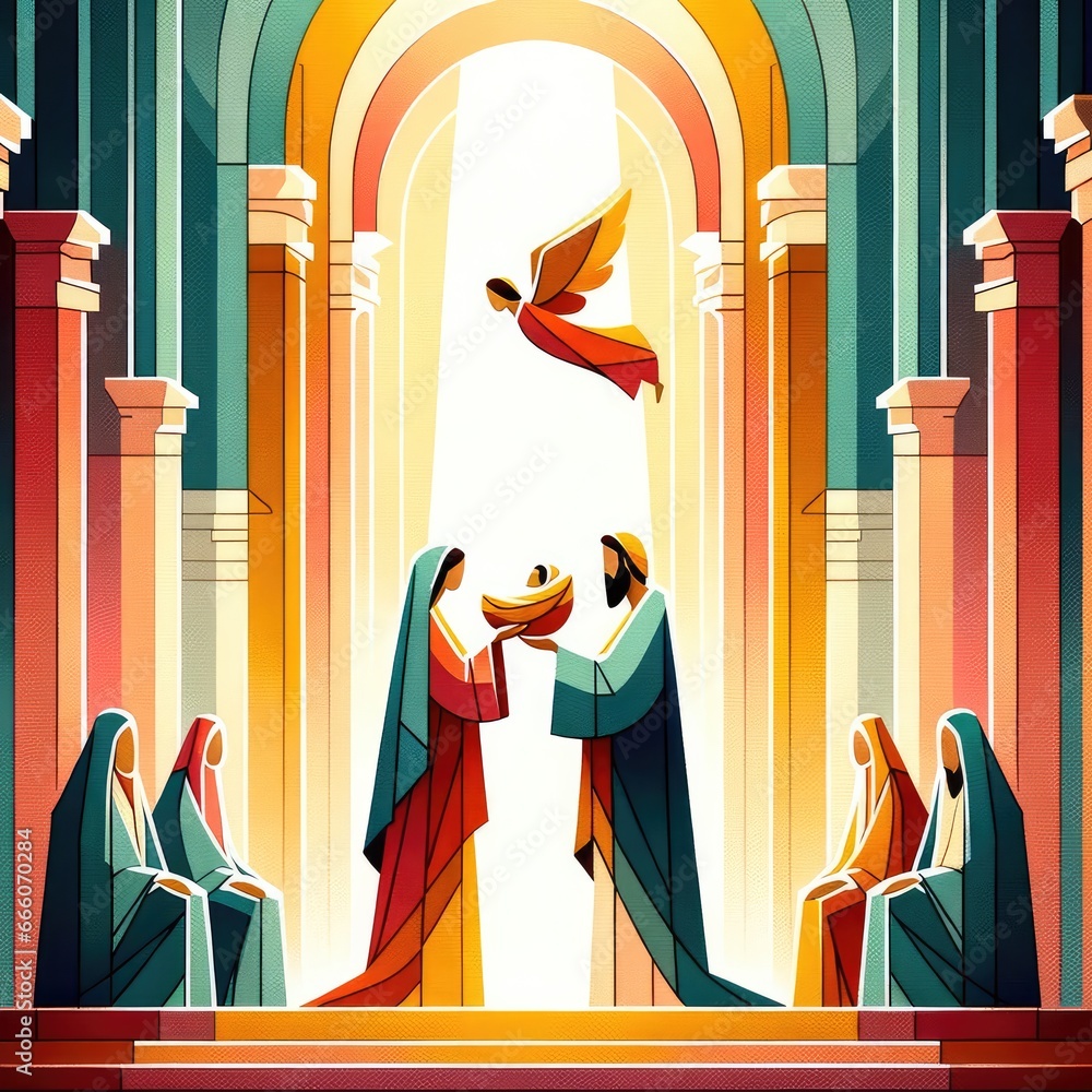 Presentation of Jesus in the temple. Colorful graphic illustration ...
