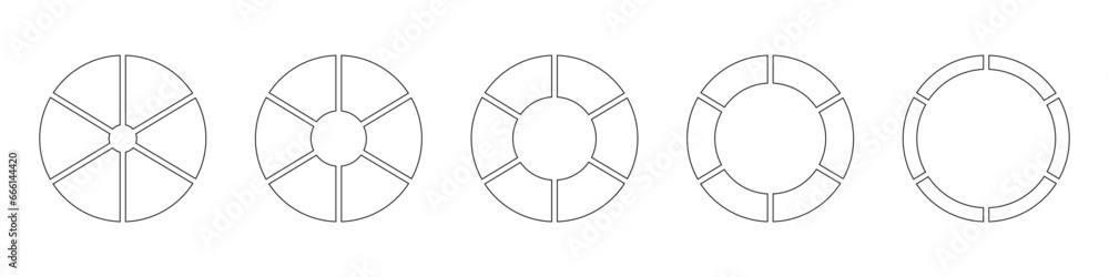 Outline donut charts or pies segmented on 6 equal parts. Wheels round divided in six sections ...