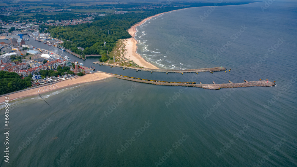 Beautiful harbour in the Polish town of Kolobrzeg. Taken from a drone ...