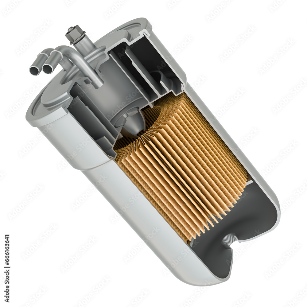 Fuel Filter cutaway. Cross section of fuel filet, 3D rendering isolated ...