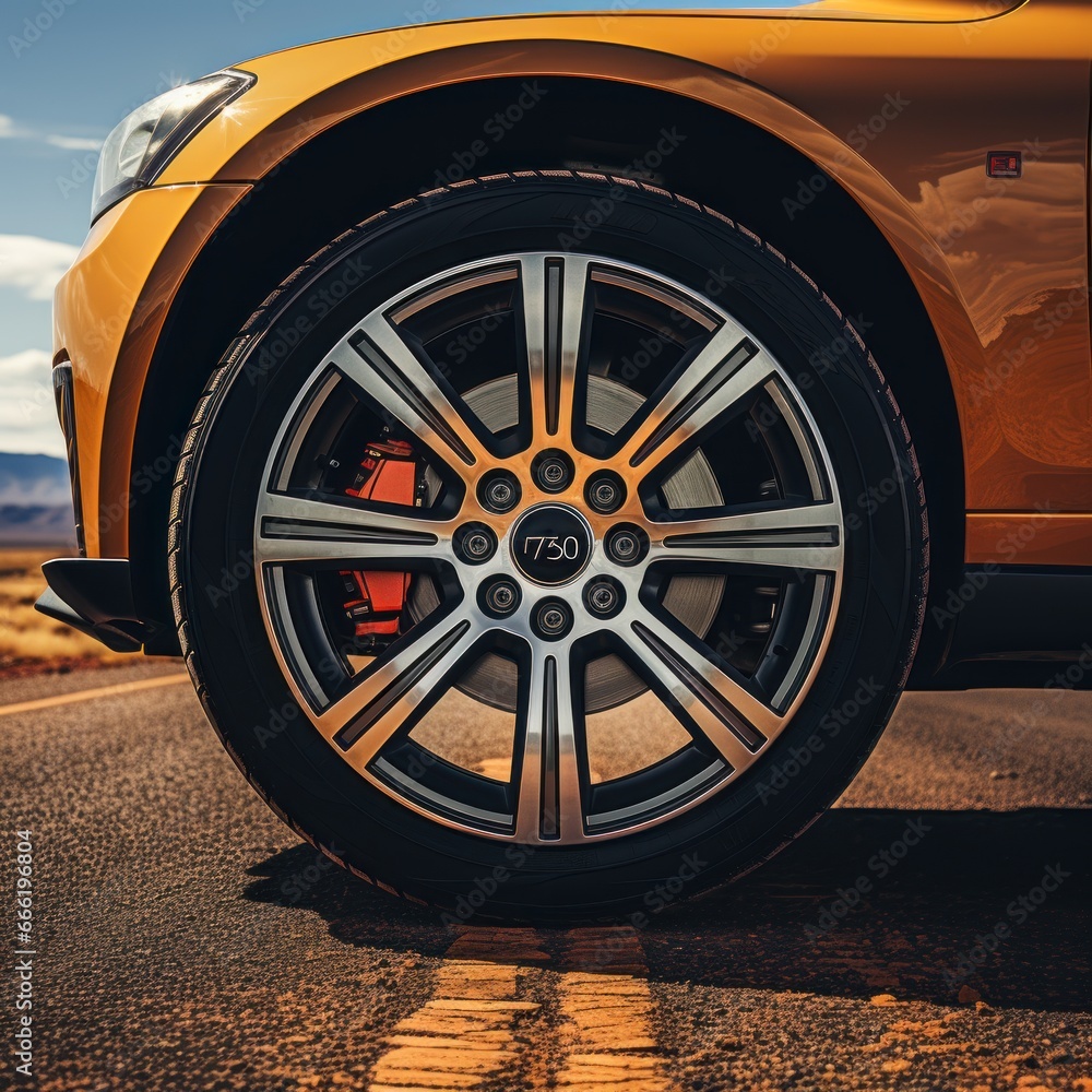 Car rims in the display case and asphalt background are neatly arranged ...