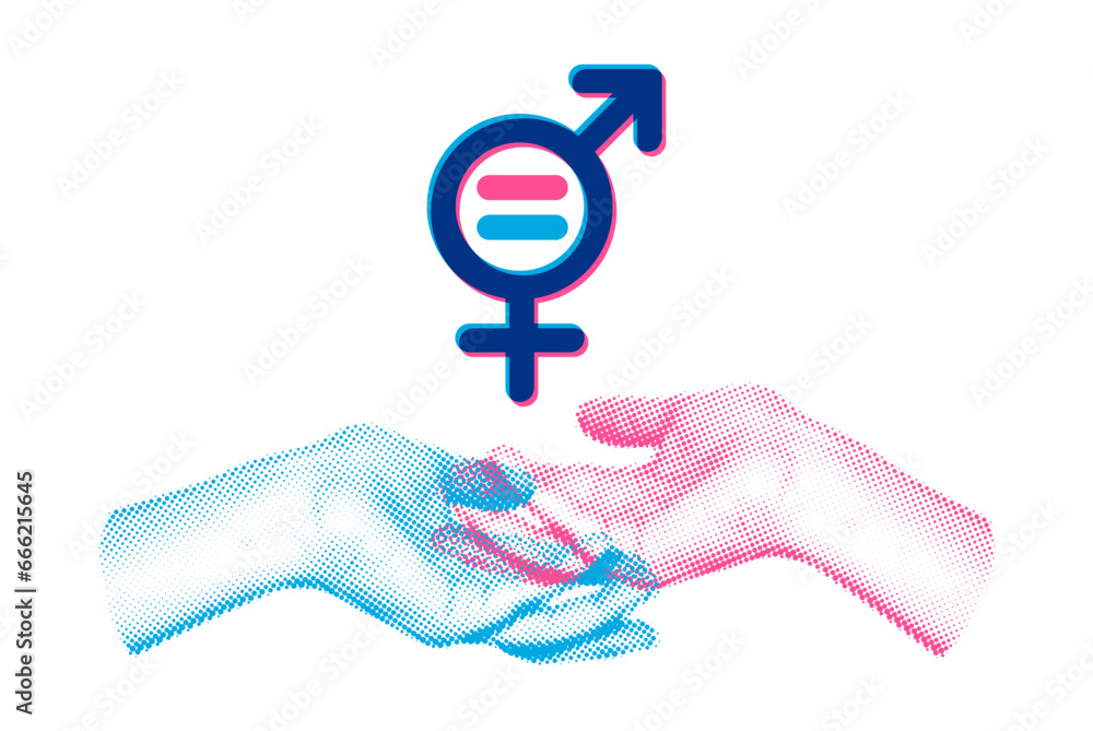 Equality gender symbol art collage with male and female halftone hands ...
