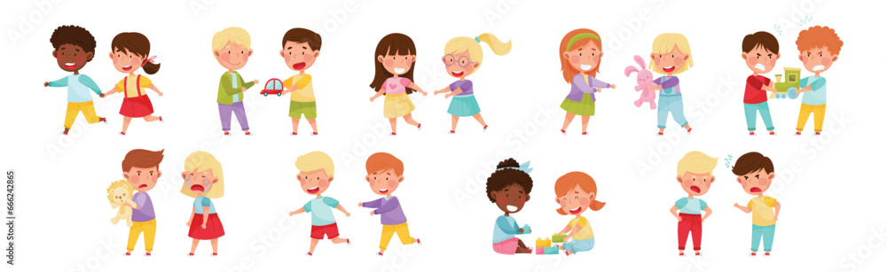 Friendly and Hostile Kids Playing Together Vector Illustration Set ...