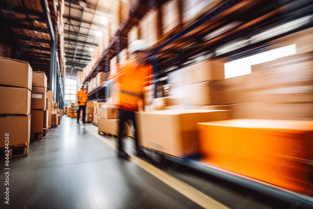 Blurred photo of warehouse employees in action moving boxes in storage ...