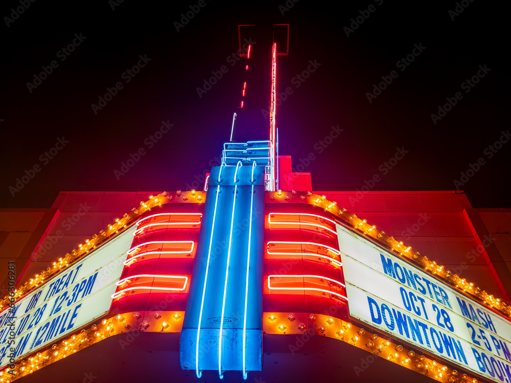 Historic Berkley theatre red and blue neon sign marquee advertising the ...