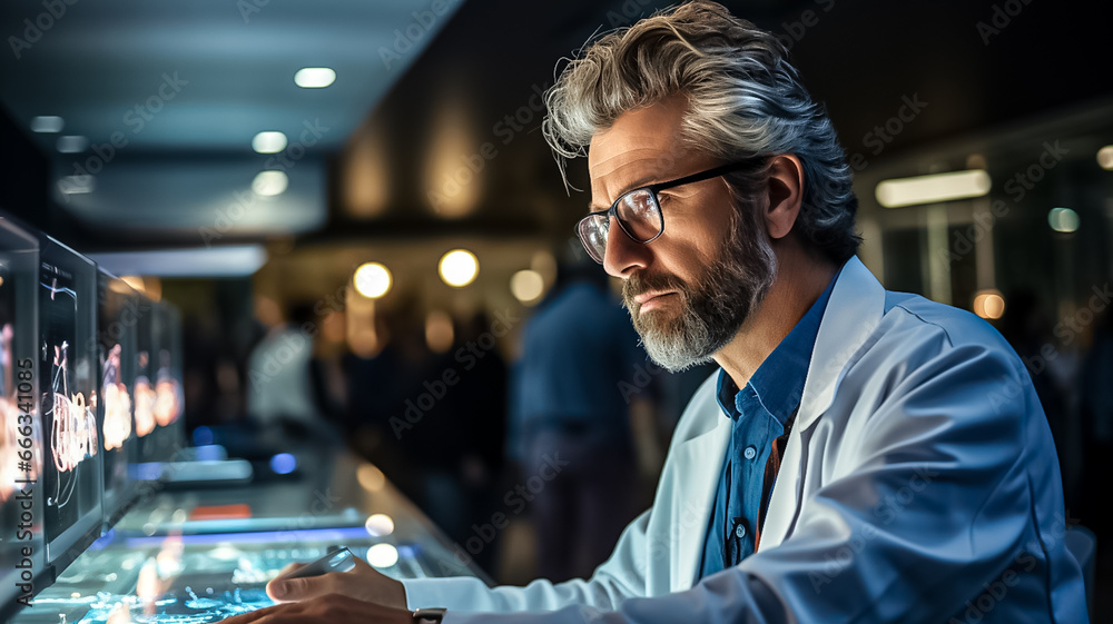 In a medical laboratory, a doctor oversees the procedure and monitors ...