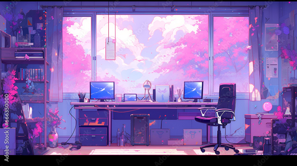 cyberpunk lofi living room with study table, anime style, 80s ...