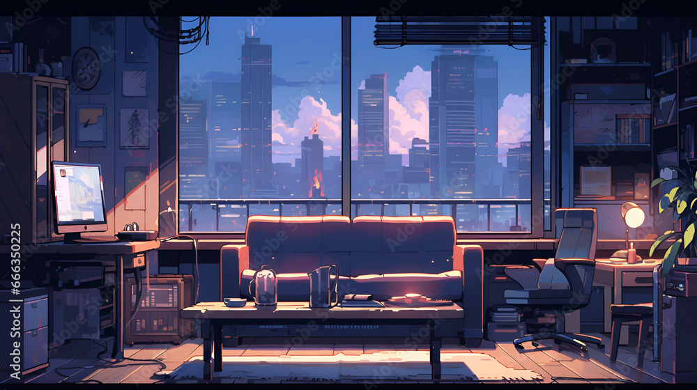 lofi living room with study table, anime style, 80s, aesthetic, pixel ...