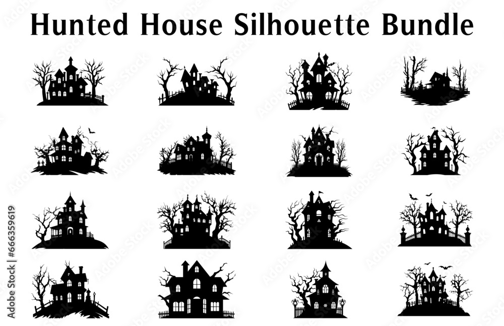 Scary Halloween Haunted House Silhouette Vector illustration Set Stock ...