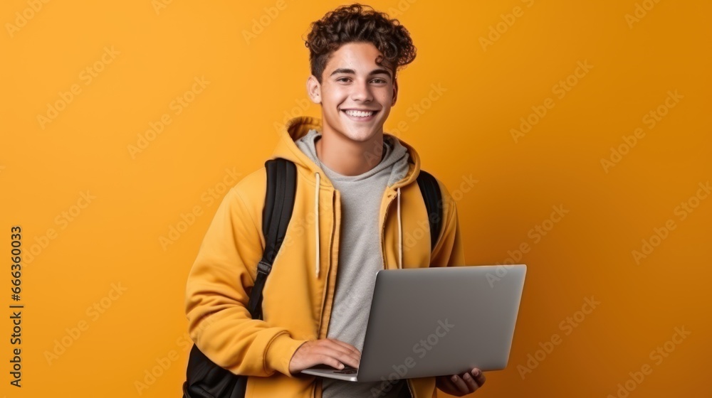Happy smiling teenager student holding laptop using computer technology ...