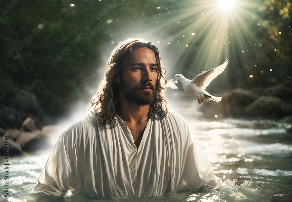 Baptism of Jesus Christ in river of Jordan scene, where the sky opened ...