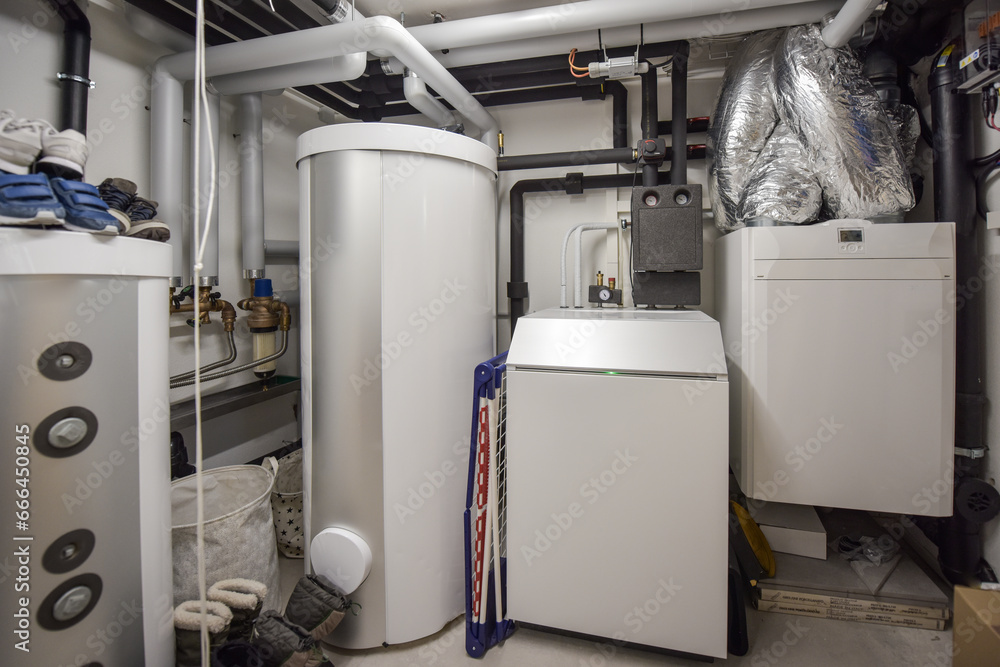 the interior of a modern boiler room - technical room with equipment of ...