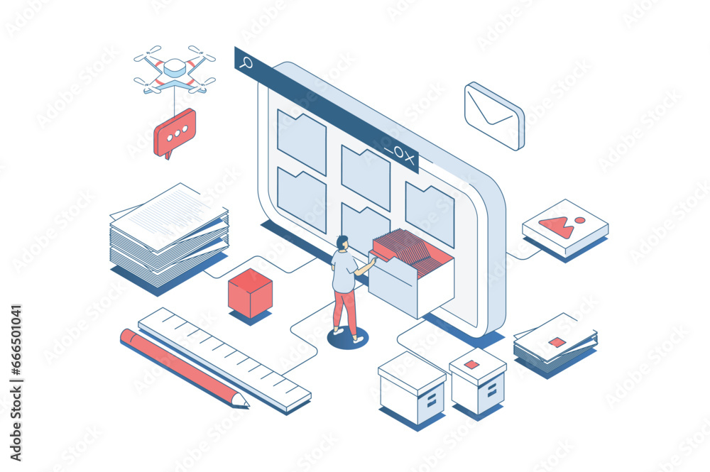 Electronic organization files concept in 3d isometric design. Man ...