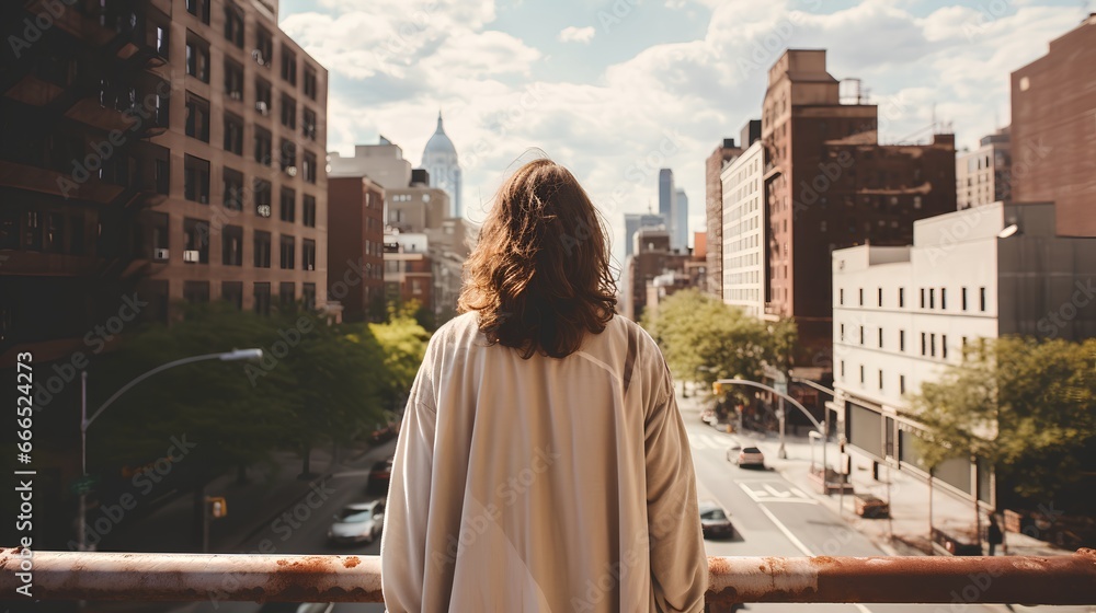 Jesus Christ in modern bustling urban cityscape. Nowaday society call ...