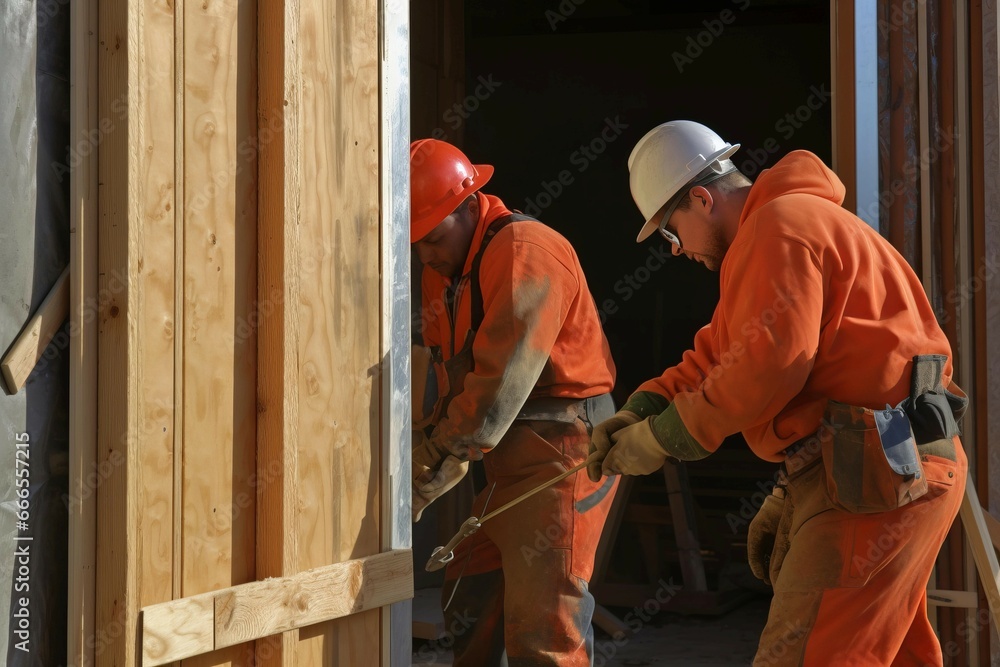 Construction workers fixing a door. Builders in working safety ...
