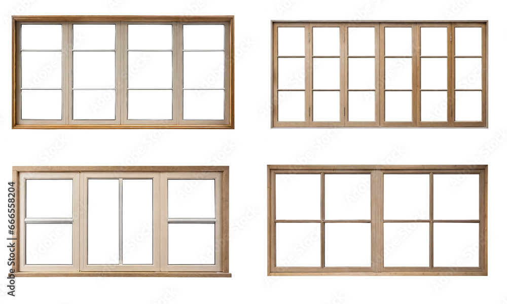 Collection of real vintage wooden house window frame sets, isolated on ...