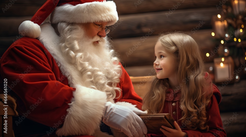 Little girl engaging in a delightful conversation with Santa Claus ...