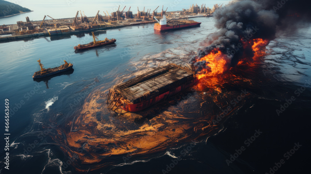 Foto Aerial view of burning cargo ship in sea. Oil spill pollution ...