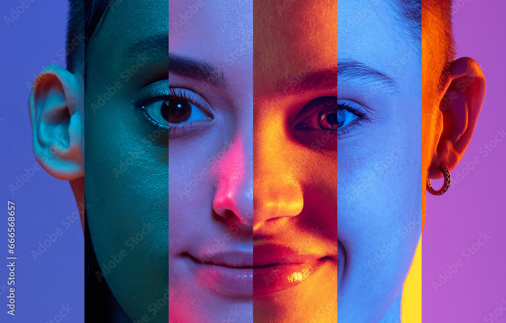 Human face made with different portraits in narrow stripes. Different ...