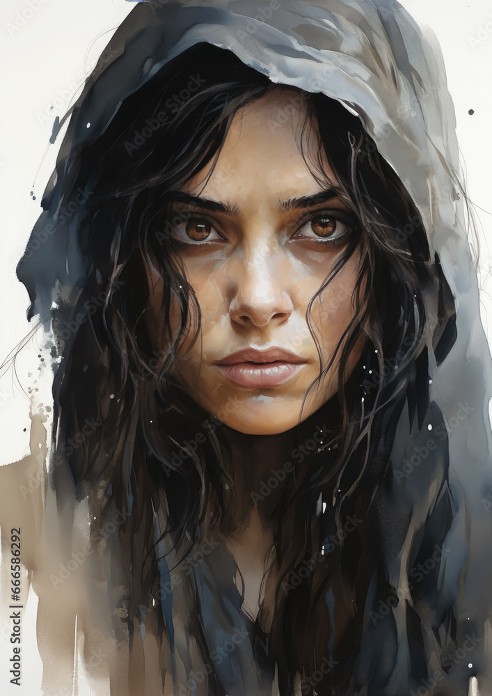 watercolor portrait of a young grieving Middle Eastern woman, black ...