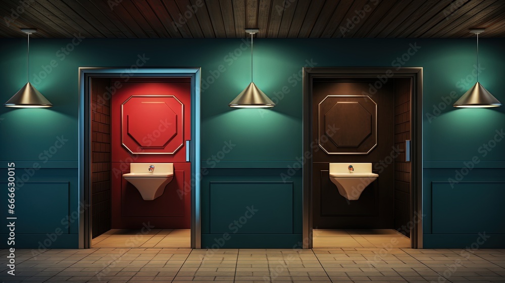 Gender segregated public restroom entrance with signs for male and ...