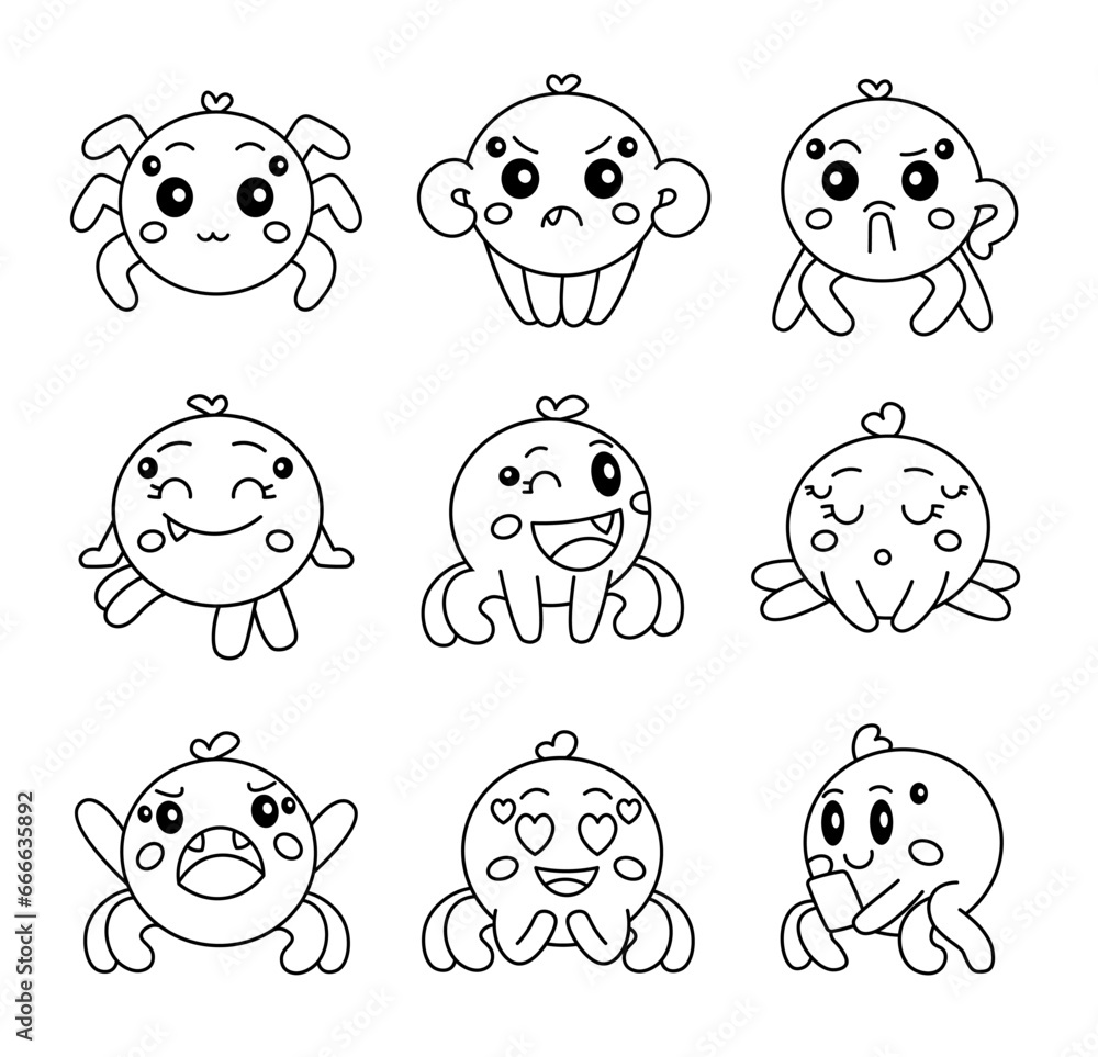 Cute spider character. Coloring Page. Kawaii insect different poses and ...