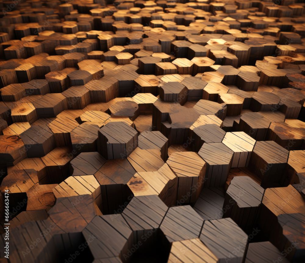 A striking 3D render featuring square wooden pieces on a solid floor ...