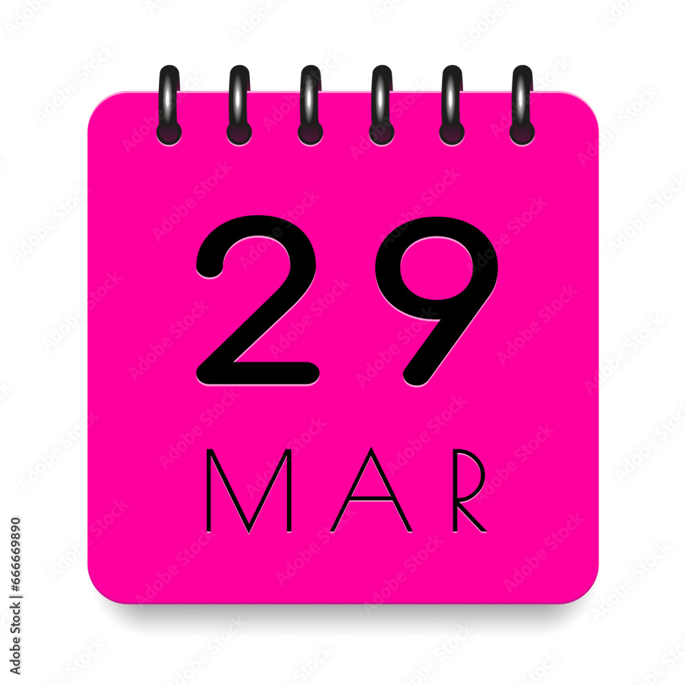 29 day of the month. March. Pink calendar daily icon. Black letters ...