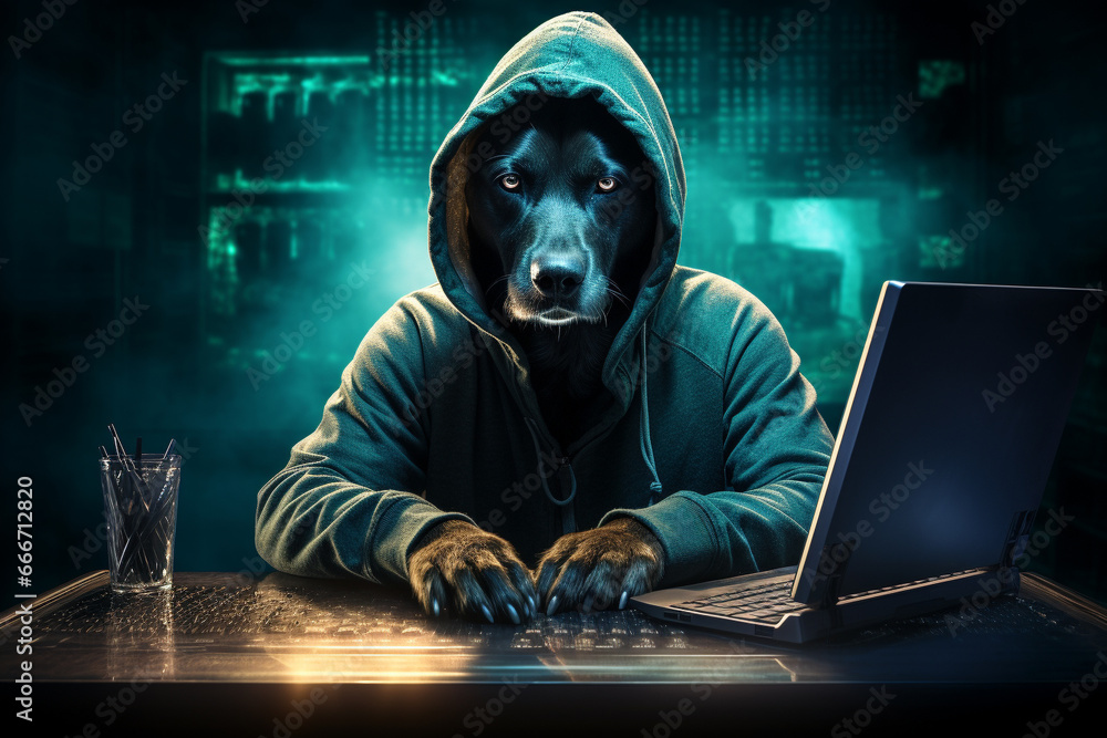 Hacker dog wearing a hoodie, sitting in front of a computer keyboard ...