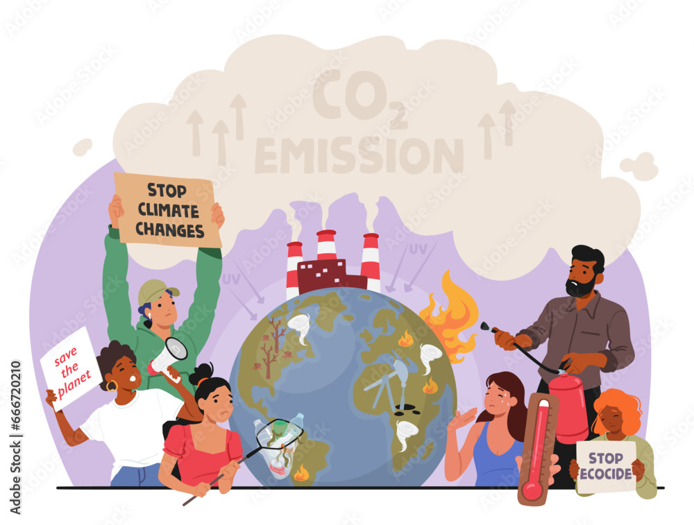 Characters Protesting Against Climate Change Due To Burning Fossil ...