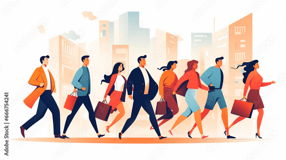 Crowd of happy people running fast. Group of excited men and women ...