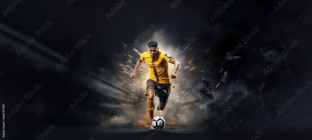 football or soccer player running fast and kicking a ball while ...