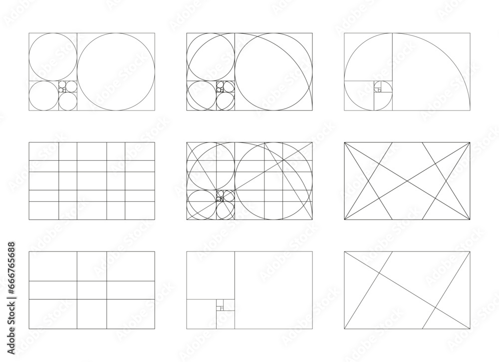 Golden ratio template set. Method golden section. Fibonacci array, numbers. Harmony proportions ...