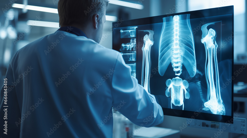 Orthopedic surgeon doctor examining patient's knee joint x-ray films ...