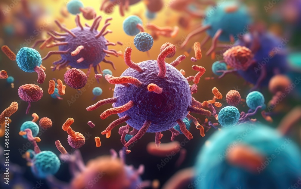Various viruses, microbes and bacteria, types of microorganisms under ...