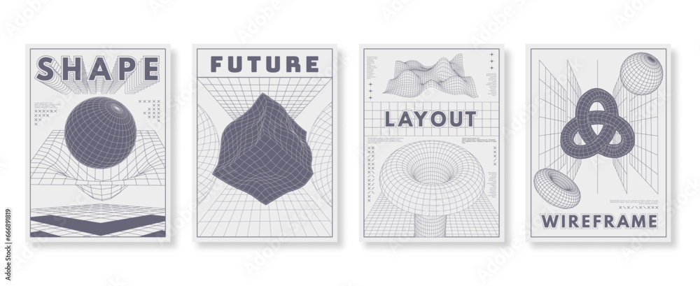 Abstract wireframe posters. Futuristic layout with 3D geometric shapes ...
