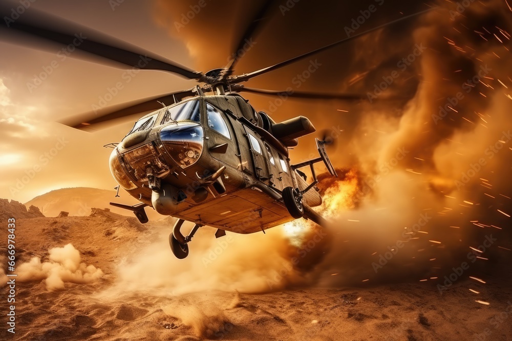 Helicopter in the fire. 3D illustration. Military background, Helicopter in the desert. Military ...