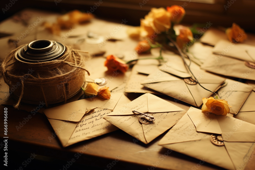 Photograph a collection of vintage handwritten letters, faded with time ...